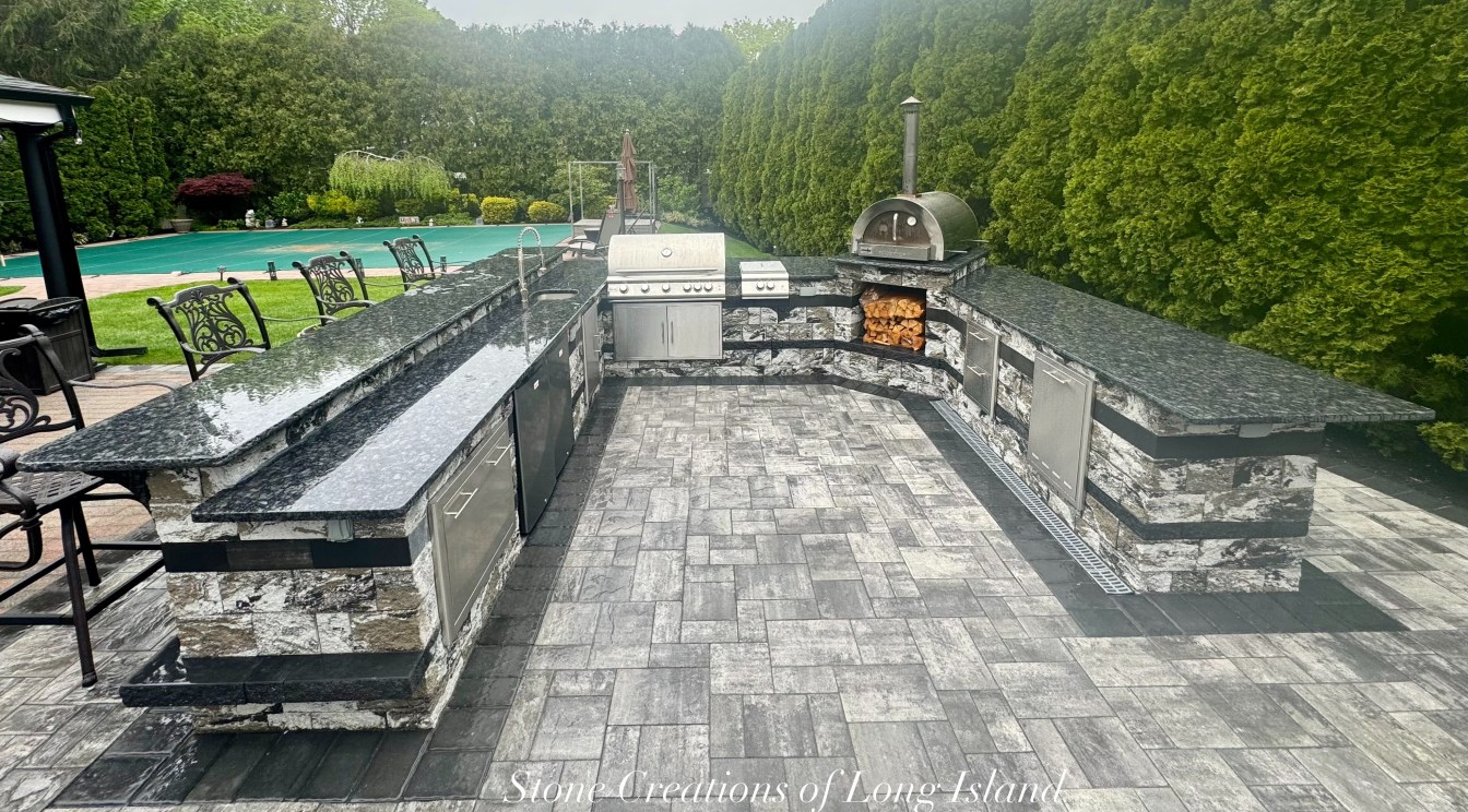 Outdoor Kitchen with Grill and Pizza Oven | Stone Creation's of Long ...